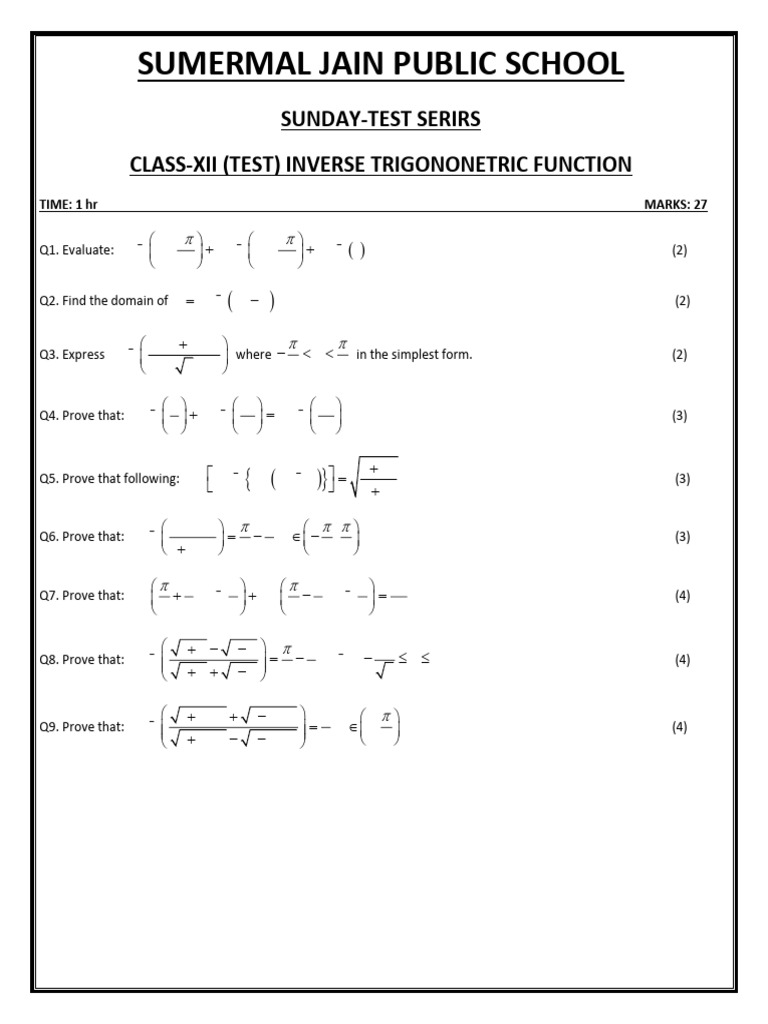 12th 23-24 Ch-2 Test Inverse Trigononetric Function | PDF