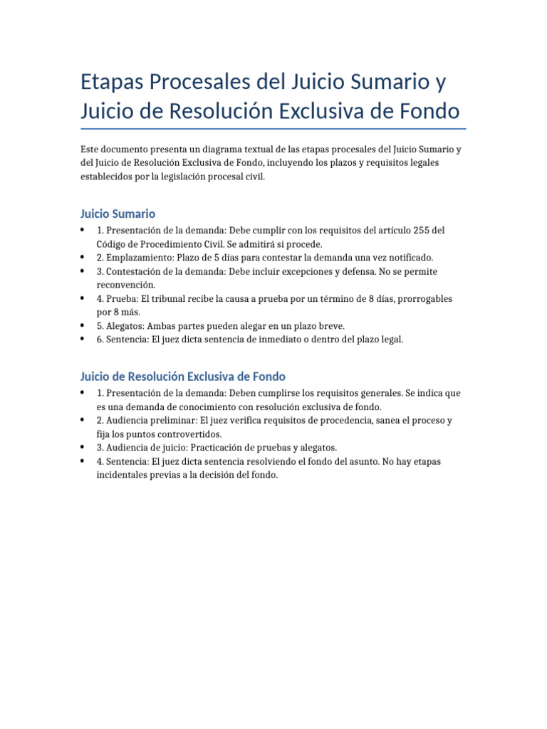 Etapas Procesales Juicio Sumario y Fondo | PDF