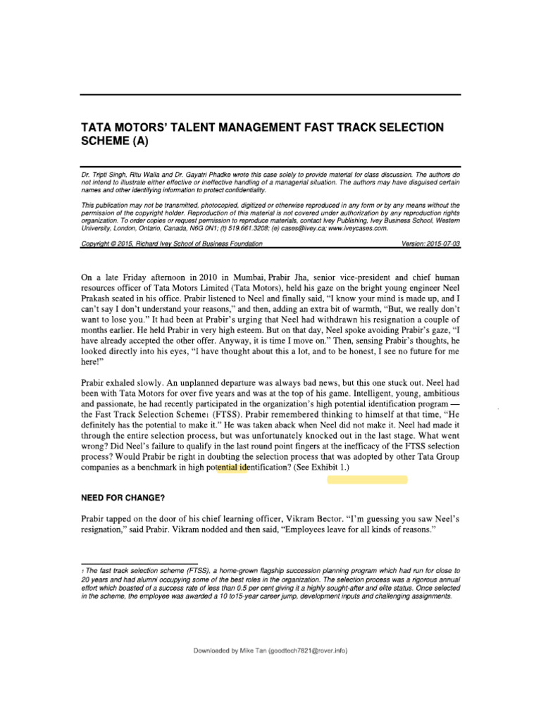 TATA Motors Talent Management FTSS Scheme A | PDF