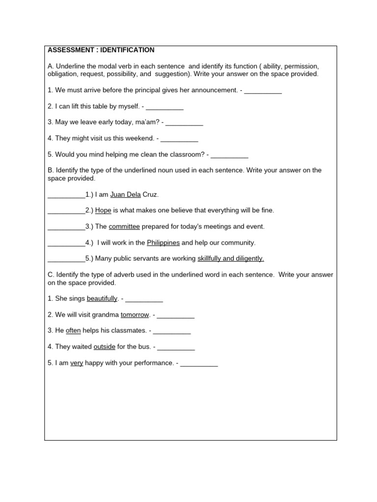 Modal Verbs and Noun Types Assessment | PDF