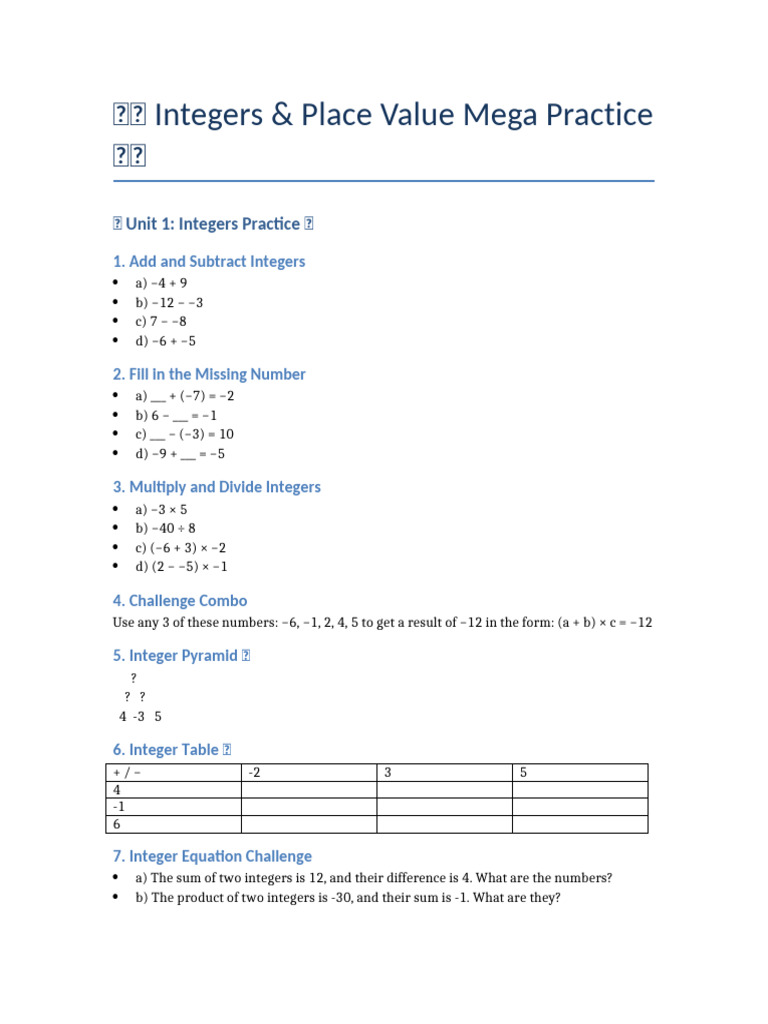 Integers and Rounding Practice Questions | PDF