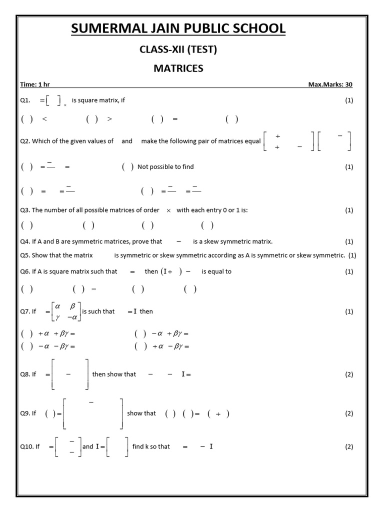 Class 12 Matrices Test Paper | PDF | Matrix (Mathematics) | Algebra