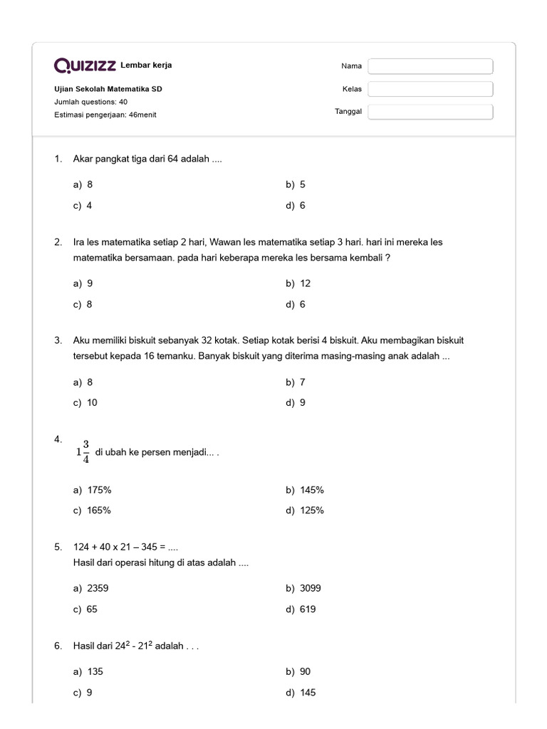 Ujian Sekolah Matematika SD - Quizizz | PDF