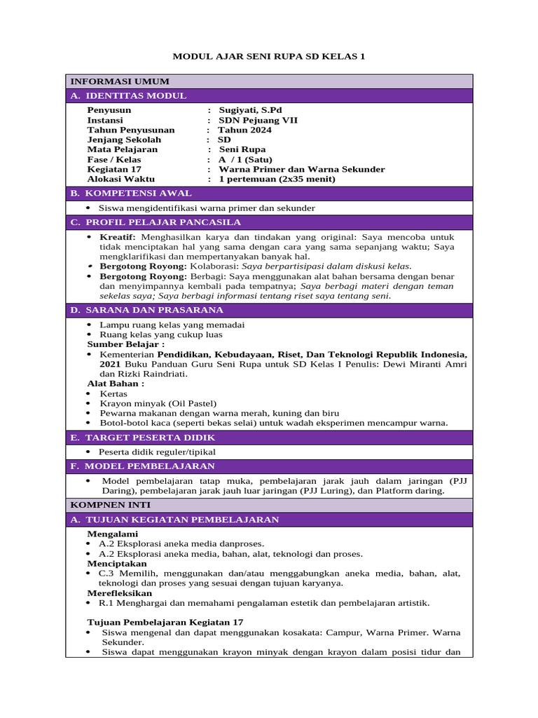 Modul Ajar Seni Rupa Kelas 1 Bab 5 | PDF