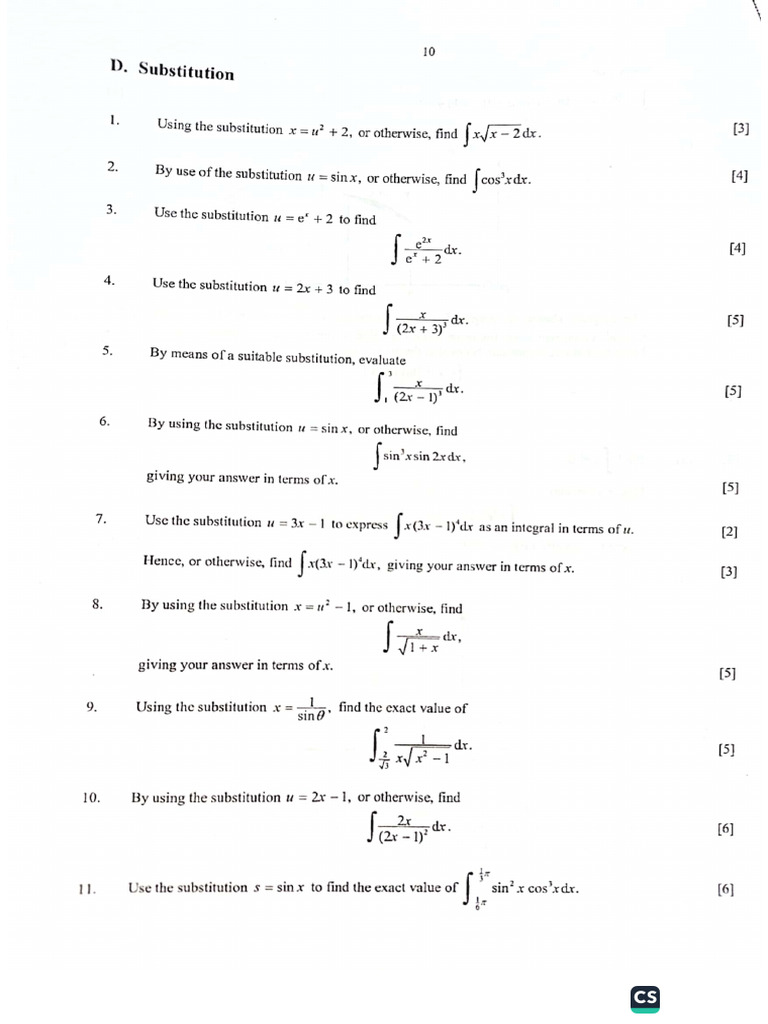 Integration by Substitution Worksheet | PDF