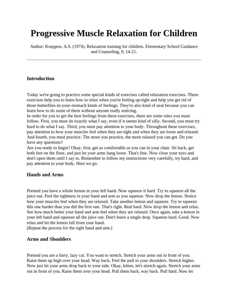 Progressive Muscle Relaxation For Children - Cottonwood | PDF ...