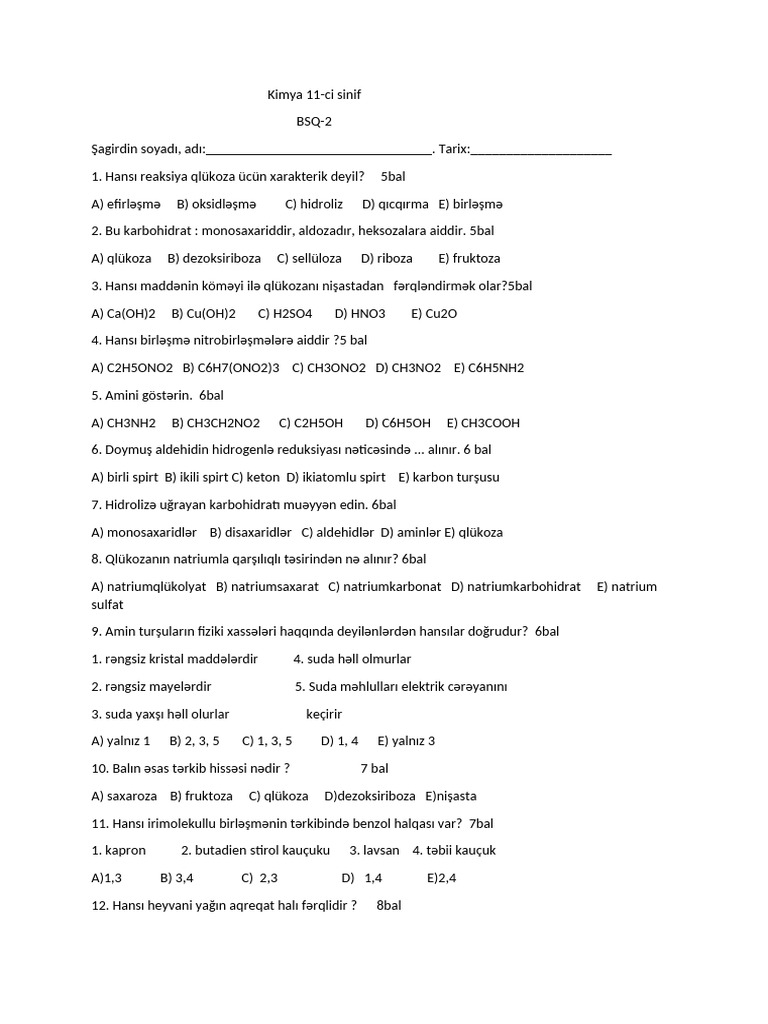 Kimya 11 Sinif BSQ-2 Yeni | PDF