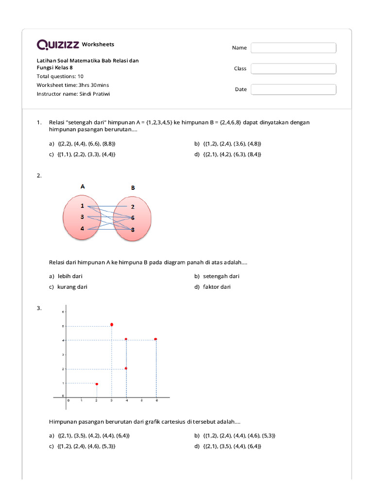 Latihan Soal Matematika Bab Relasi Dan Fungsi Kelas 8 - Quizizz | PDF