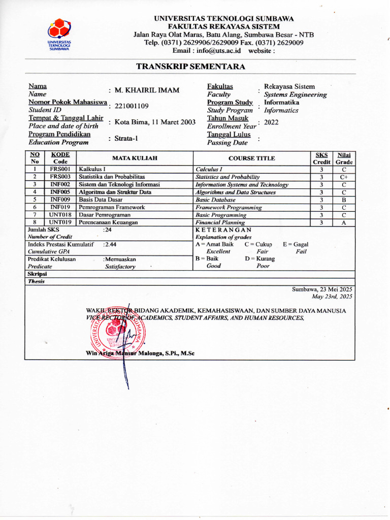 Transkrip Nilai | PDF