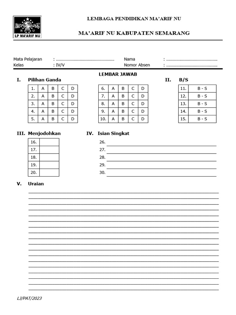 LJ MTK Dan PJOK PAT Kelas 5 2023, MTK Kls 4 | PDF