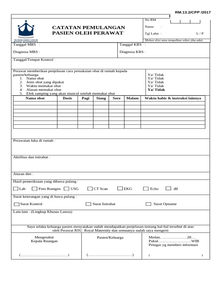 Rm 13.1 Form Catatan Pemulangan Pasien Oleh Perawat | PDF