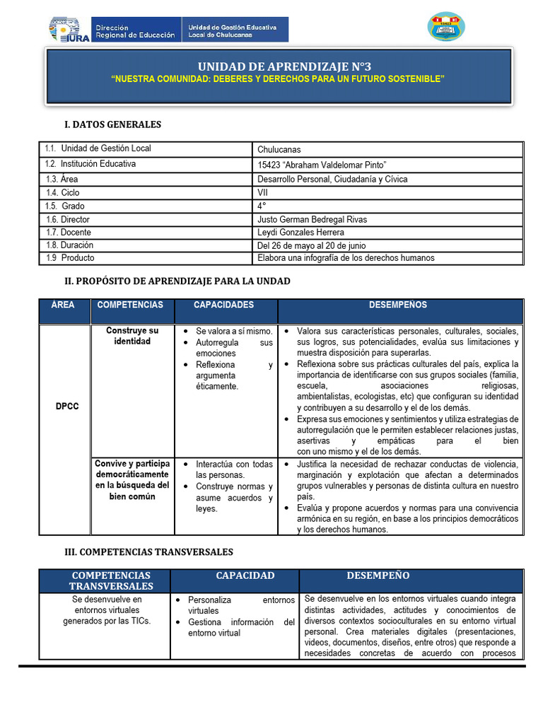 Unidad de Aprendizaje 03 (DPCC 4°) | PDF | Aprendizaje | Derechos humanos