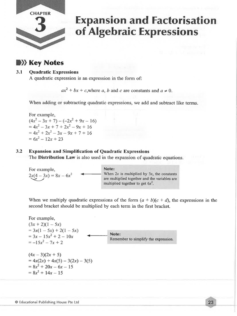 Chapter 3 Expansions and Factorisation of Algebraic Expressions | PDF