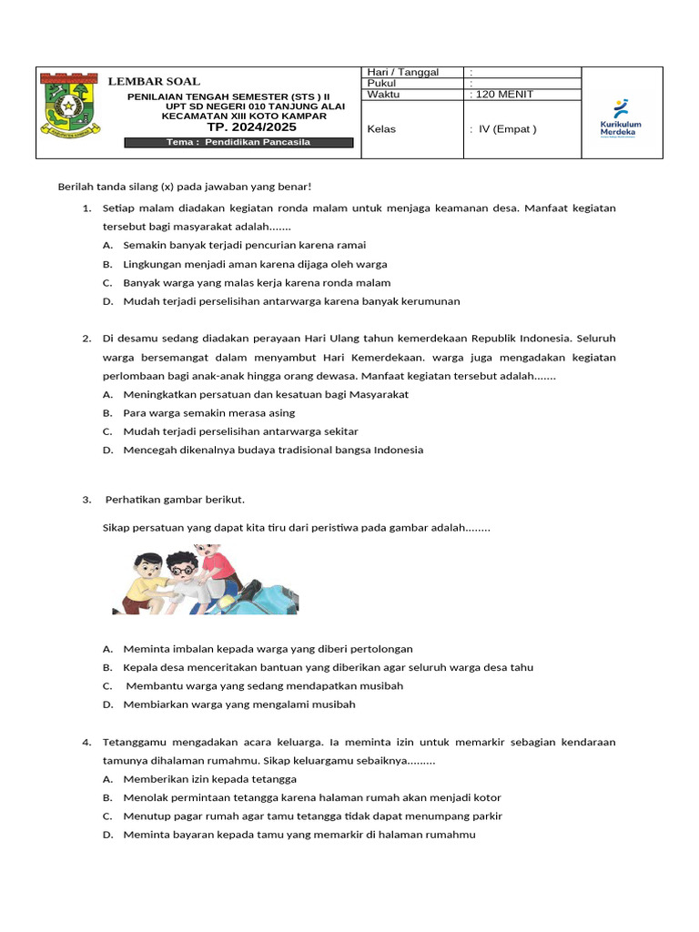 Soal Sts Pancasila Kelas 4 Semester 2 | PDF