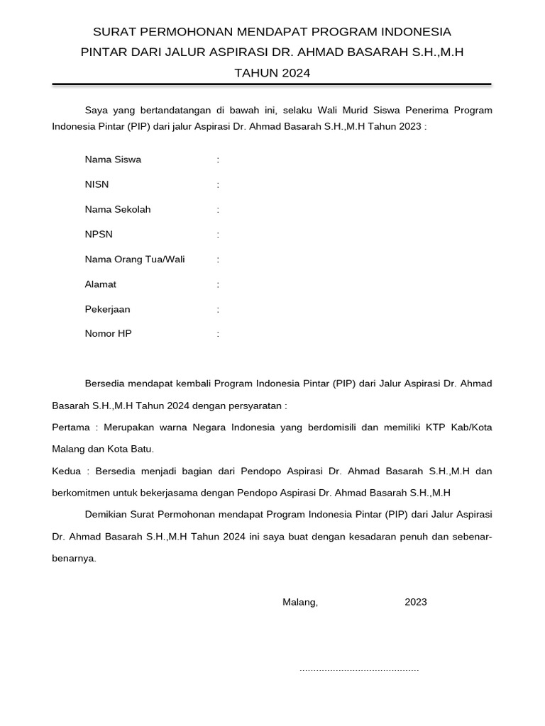 Surat Permohonan Mendapat Program Indonesia | PDF