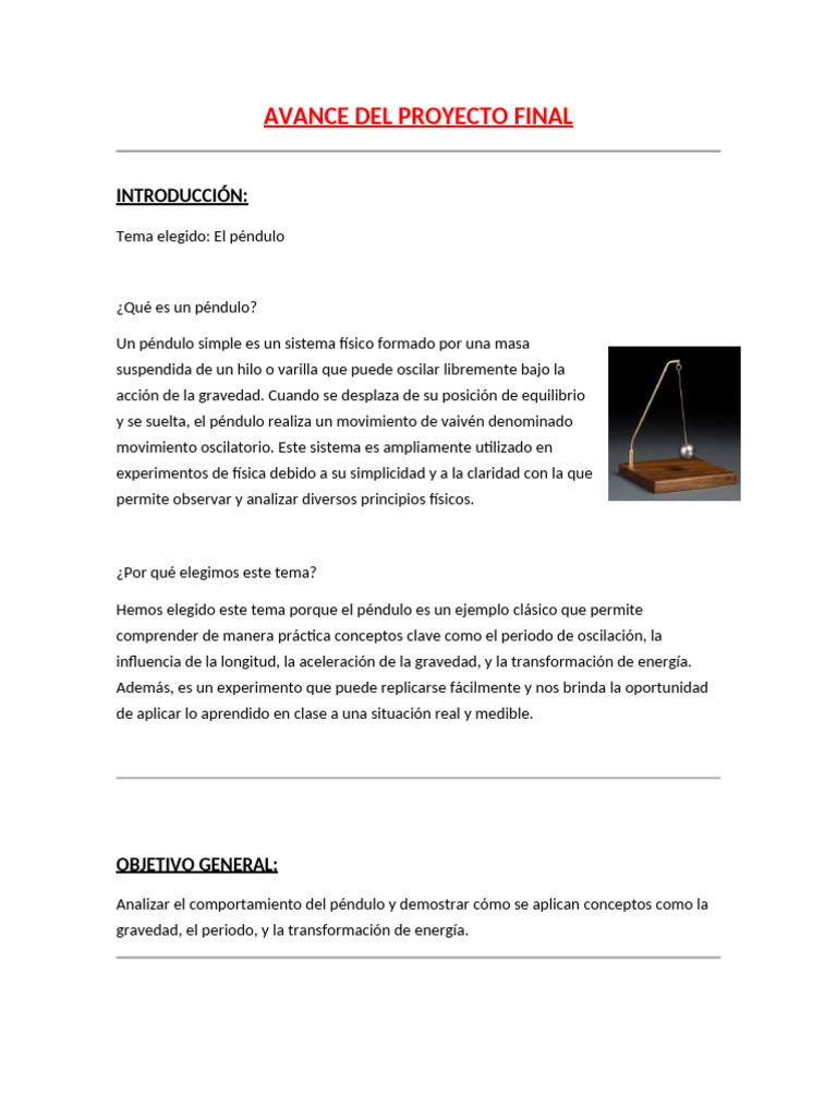 Avance Del Proyecto Final | PDF | Péndulo | Oscilación