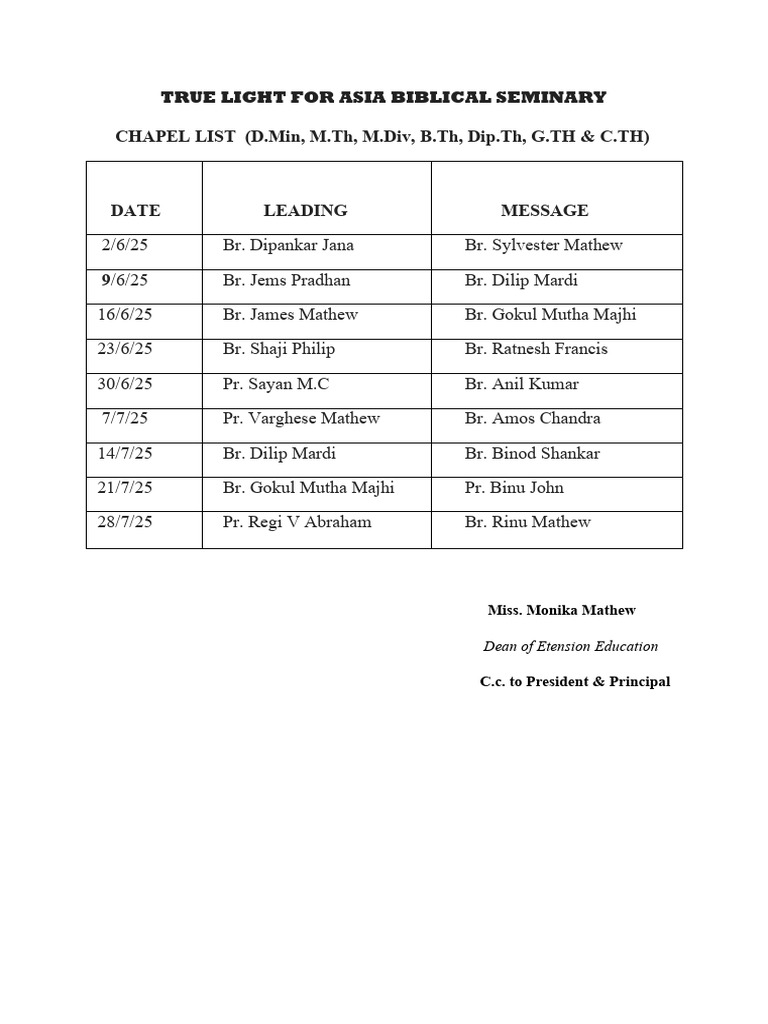 June - July 2025 Chapel List | PDF