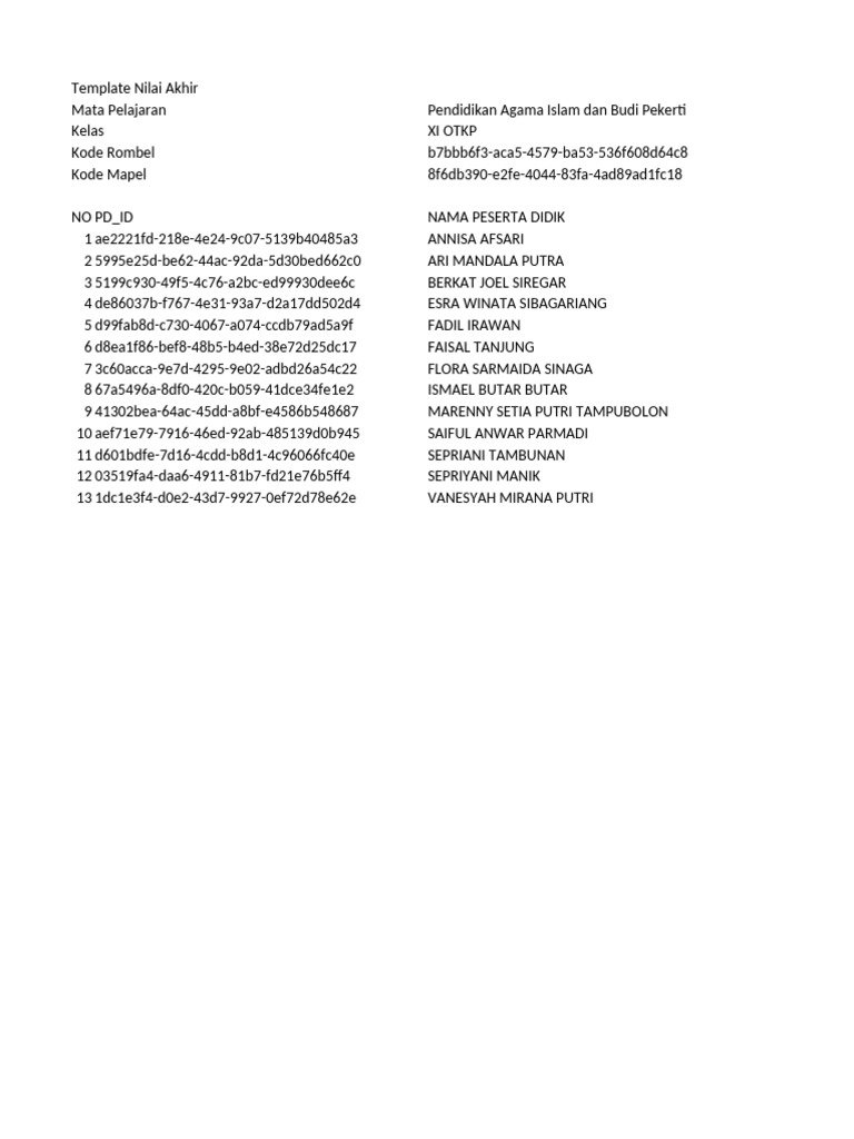 Template-Nilai-Akhir-Mata-Pelajaran-Pendidikan-Agama-Islam-dan-Budi-Pekerti-Kelas-XI-OTKP | PDF