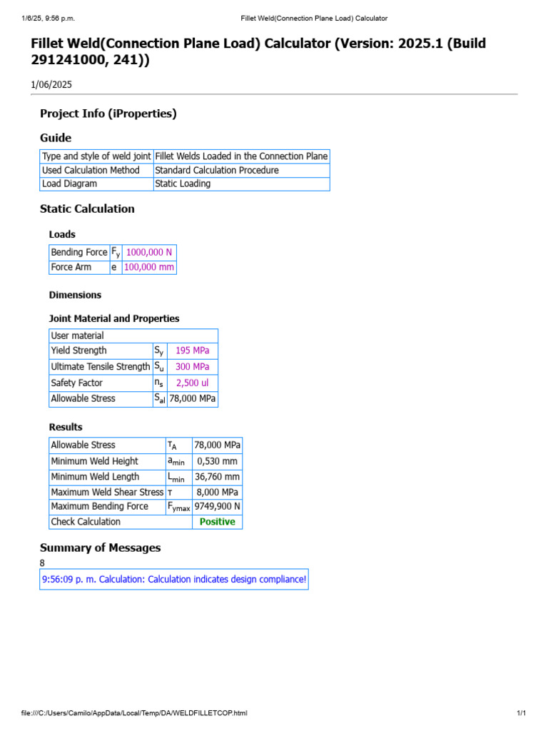 Fillet Weld (Connection Plane Load) Calculator | PDF