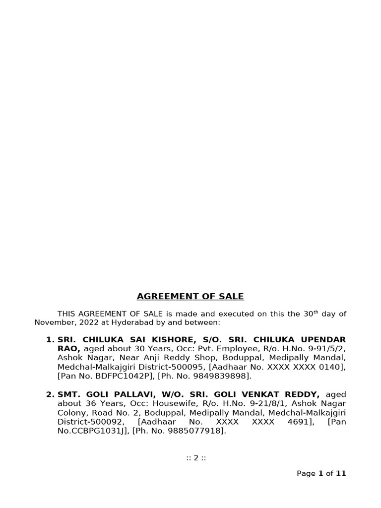 Agreement of Sale - Ghatkesar Venkat Reddy | PDF | Common Law | Private Law