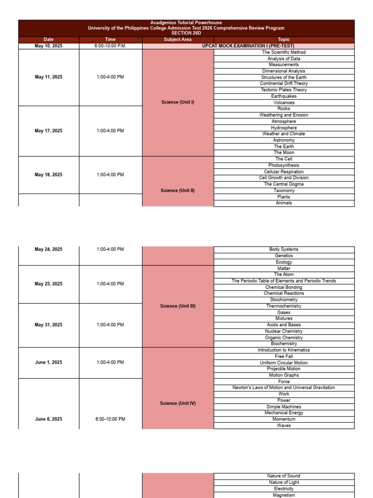 UPCAT 2026 Comprehensive Review Schedule | PDF | Trigonometry ...
