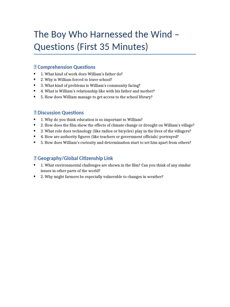 The Boy Who Harnessed The Wind Questions | PDF