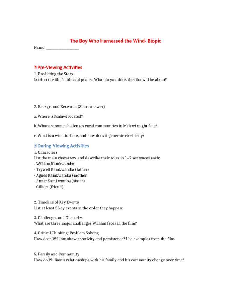 The Boy Who Harnessed the Wind Activities | PDF