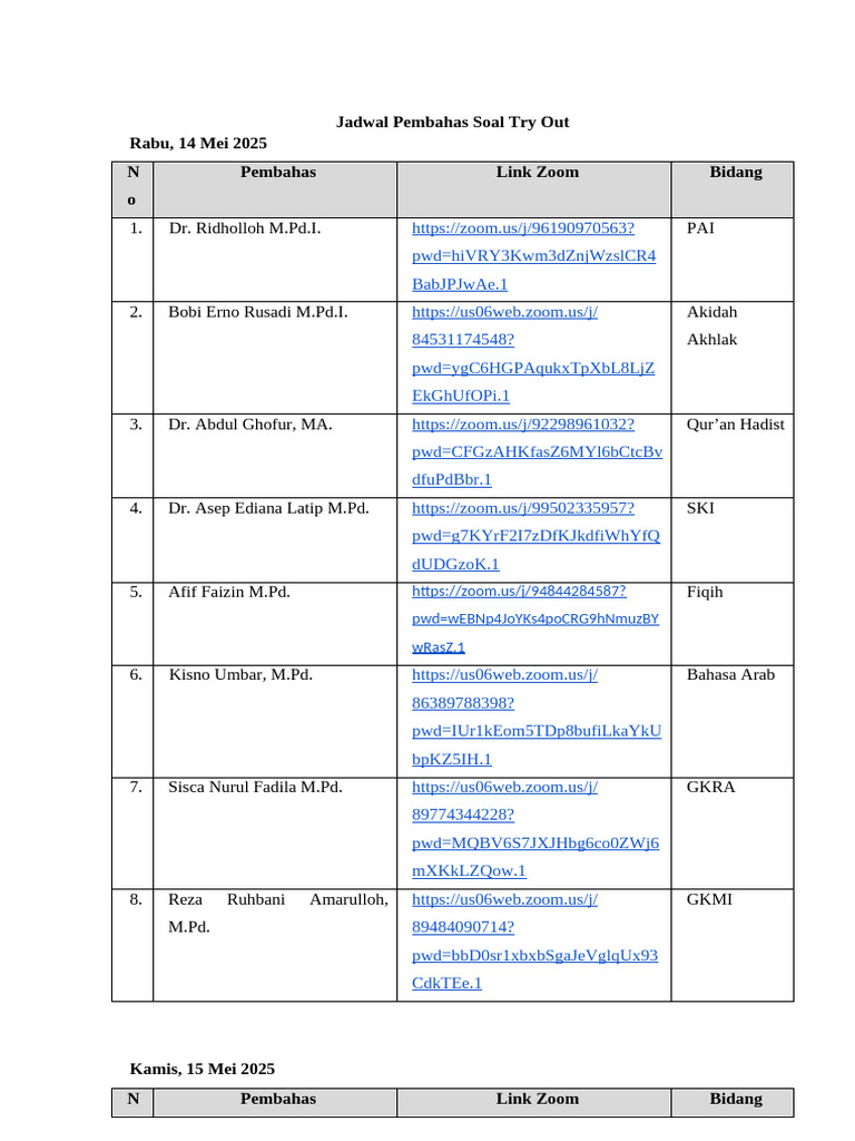 Jadwal Pembahas Soal Try Out | PDF