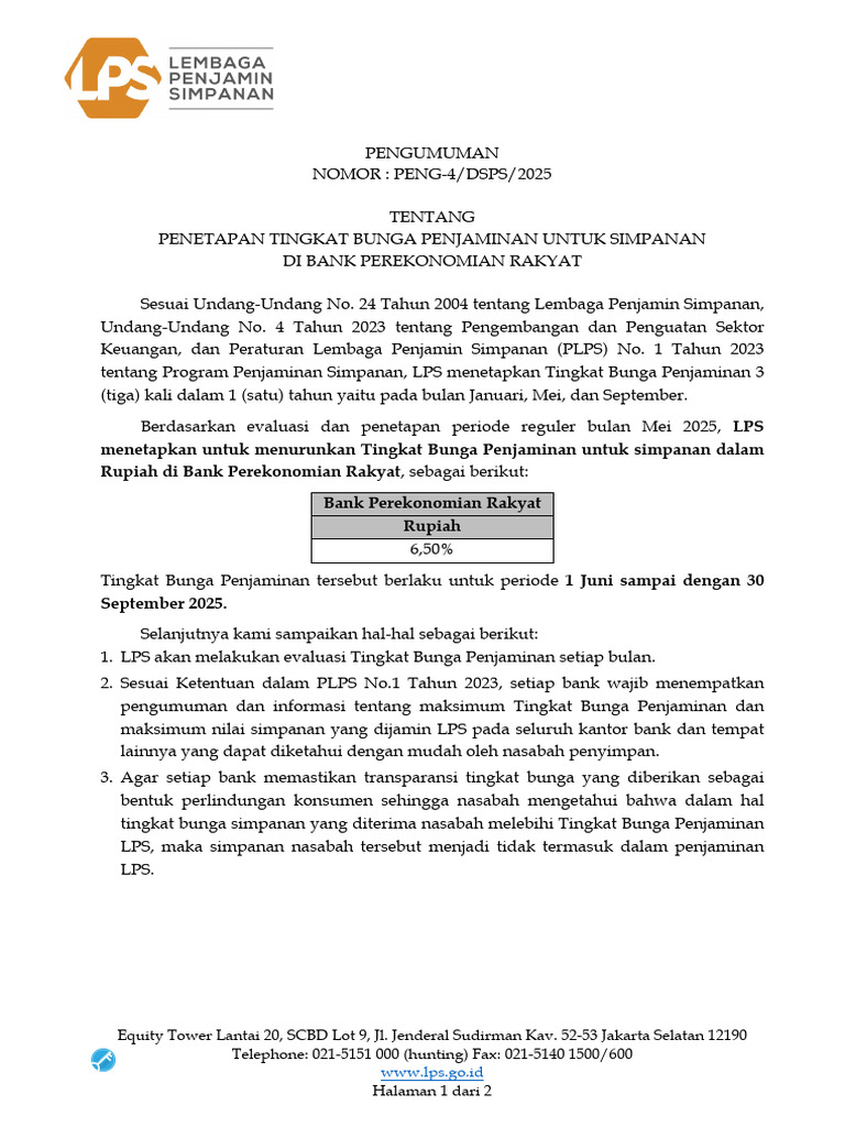 PENG 4 DSPS 2025 Penetapan Tingkat Bunga Penjaminan Untuk Simpanan Di Bank Perekonomian Rakyat | PDF