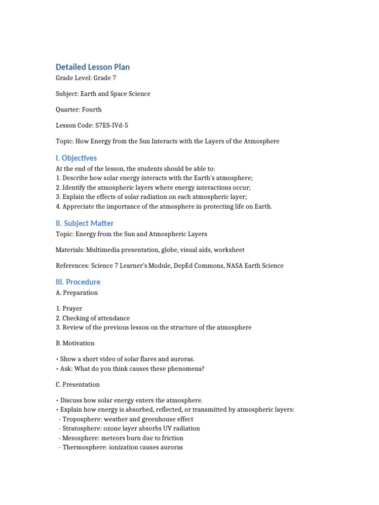 Lesson Plan Energy and Atmosphere | PDF