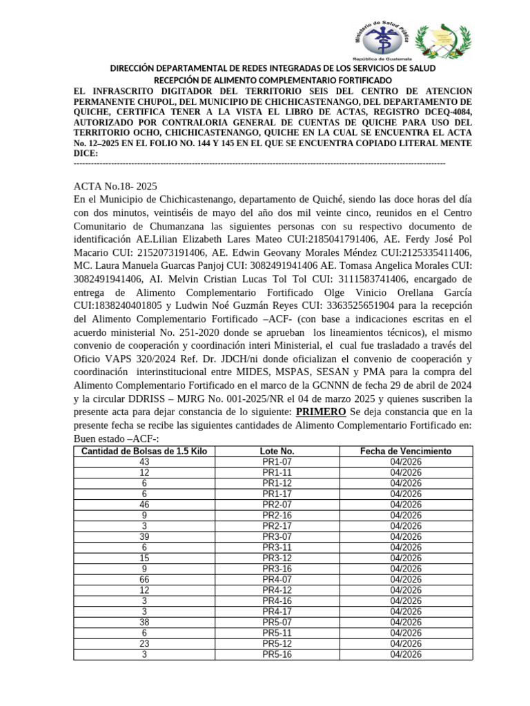 Modelo Acta Alimento Complementario Fortificado 2025 | PDF