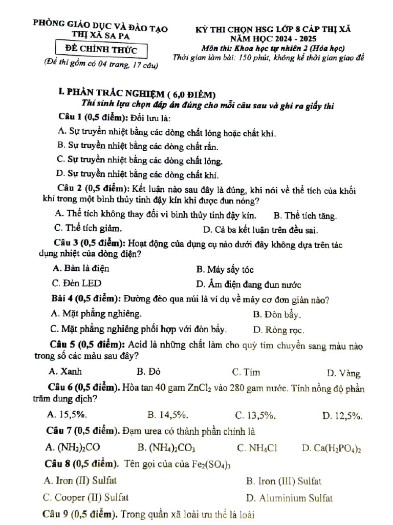 Đề Hsg Hóa 8 TX Sapa 2025 | PDF
