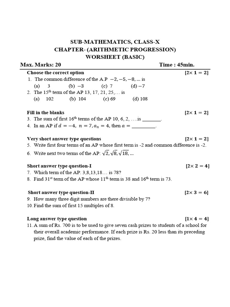 Worksheet Chapter 5 Arithmetic Progression Class 10 | PDF