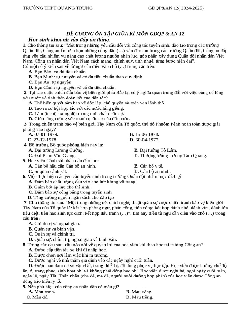ĐỀ CƯƠNG GK1 GDQP 12(24-25) | PDF