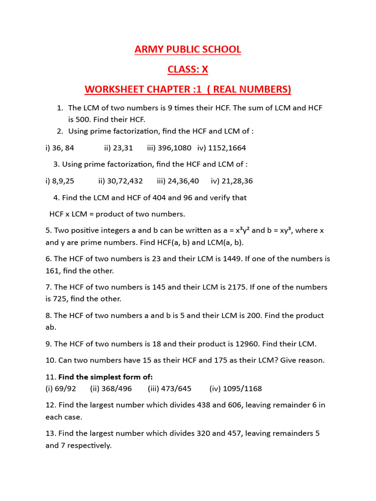 Worksheet Chapter 1 Real Numbers Class 10 | PDF
