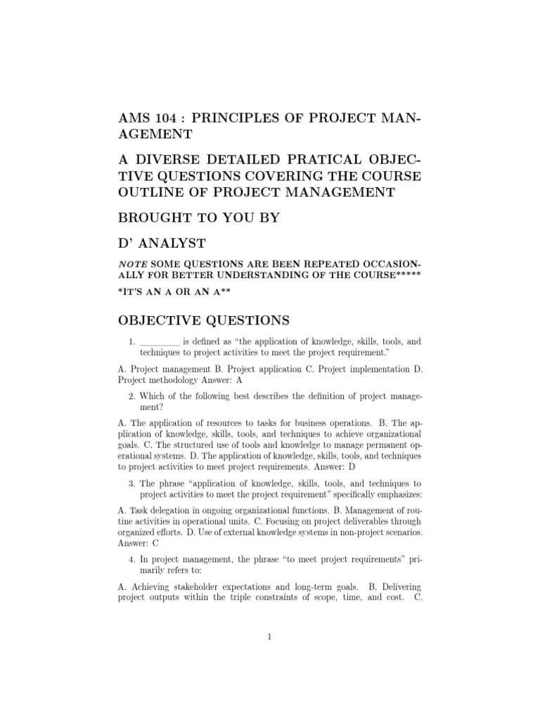 (Ams 104) Principles of Project Management Pratical Objective Questions by D' Analyst | PDF ...