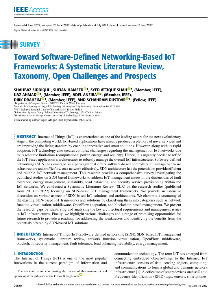 Toward Software-Defined Networking-Based IoT Frameworks - A SLR, Taxonomy, Open Challenges and ...