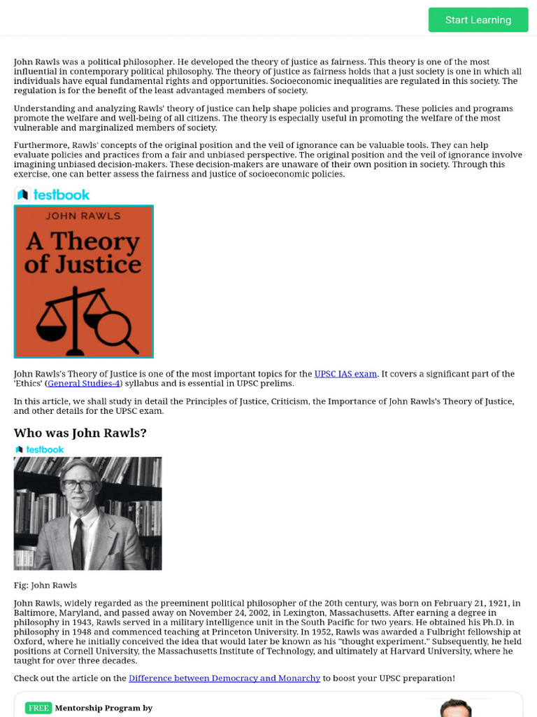 John Rawls Theory of Justice_ Principles of Fairness and Equality | PDF
