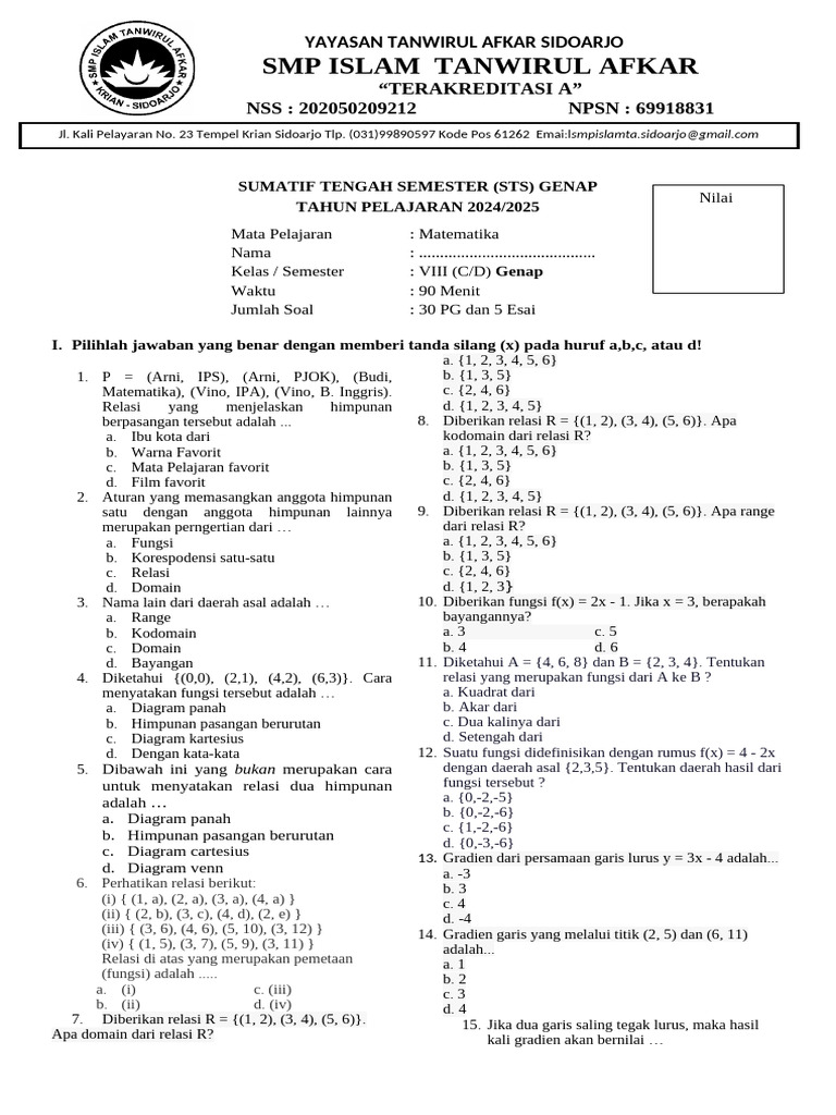 Soal ASAT - Matematika - Kelas 8CD | PDF