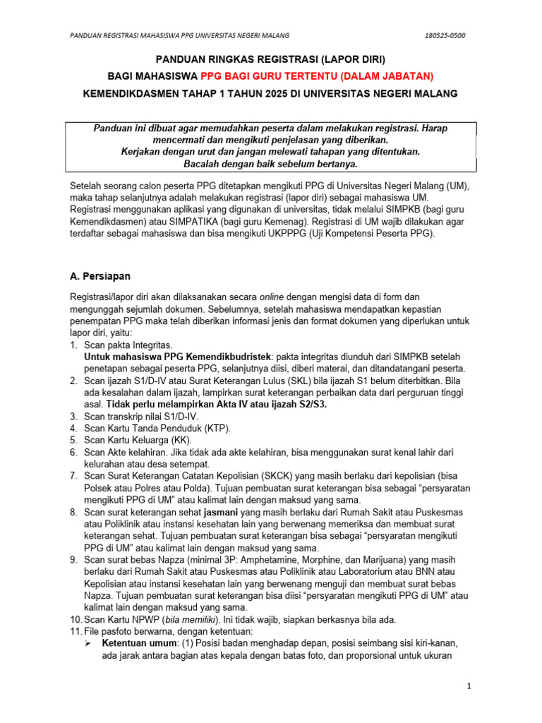 Panduan Ringkas Registrasi Mahasiswa PPG BGT UM Tahap 1 Tahun 2025 | PDF