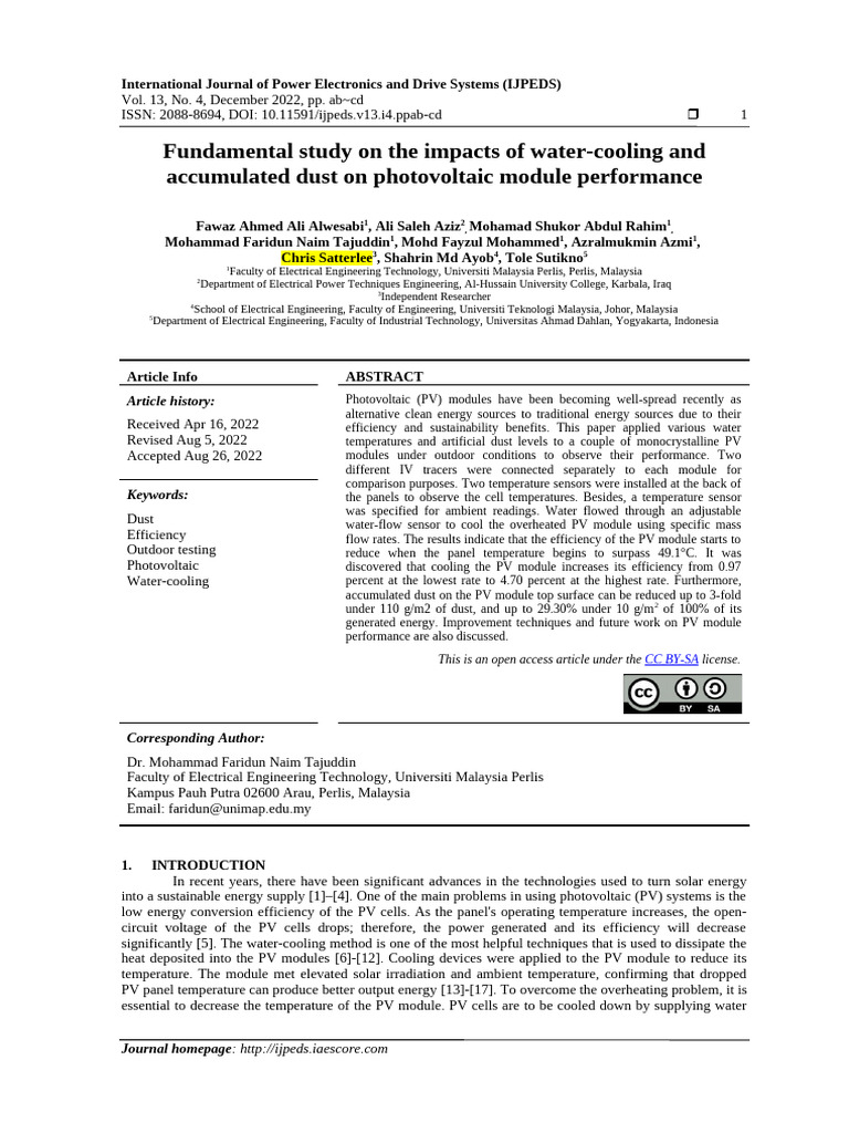 Fundamental Study On The Impacts of Water-Cooling and Accumulated Dust On Photovoltaic Module ...