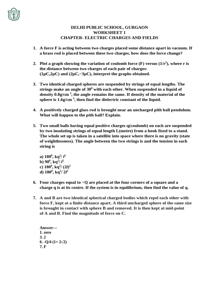 Electrostatics Worksheet 1 | PDF