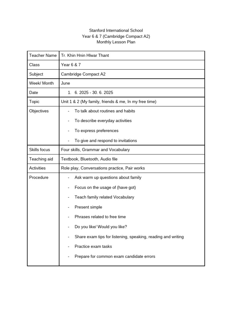 Compact A2 Monthly Lesson Plan | PDF