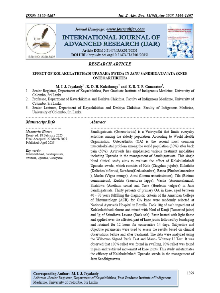 Kolakulaththadi Upanaha for Knee OA | PDF | Osteoarthritis | Ayurveda