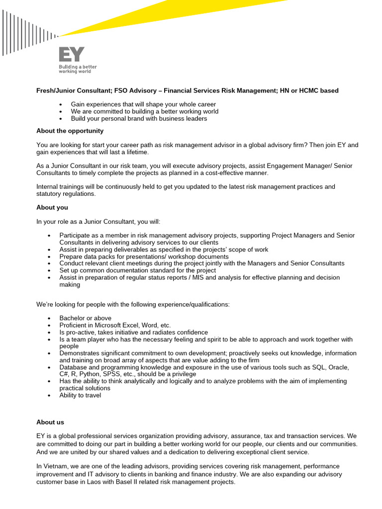 FSO Advisory JD FSRM Fresh Graduate | PDF | Risk Management | Risk