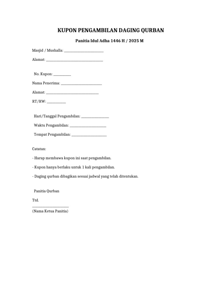 Kupon Pengambilan Daging Qurban | PDF