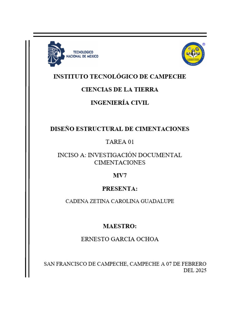 Tarea 01 Inv Docu Cimen Cadena | PDF | Fundación (Ingeniería) | Fundación profunda