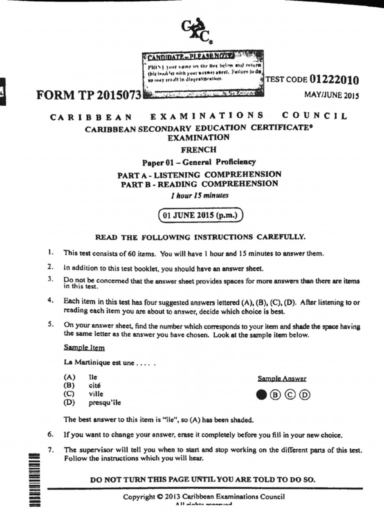 CSEC French June 2015 Paper 1 (Question Paper) | PDF
