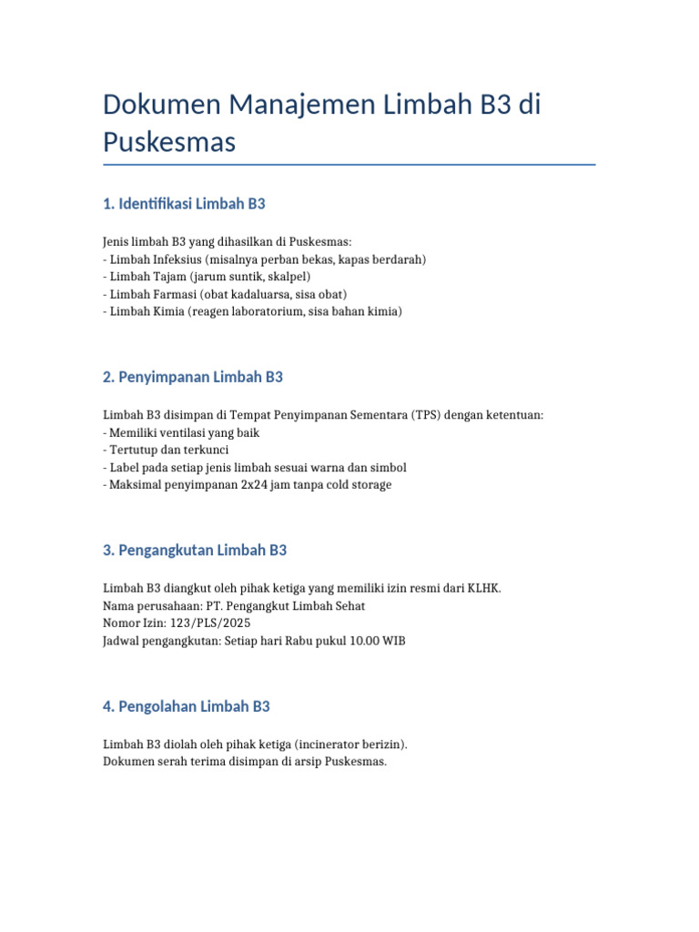 Contoh Dokumen Manajemen Limbah B3 Puskesmas | PDF