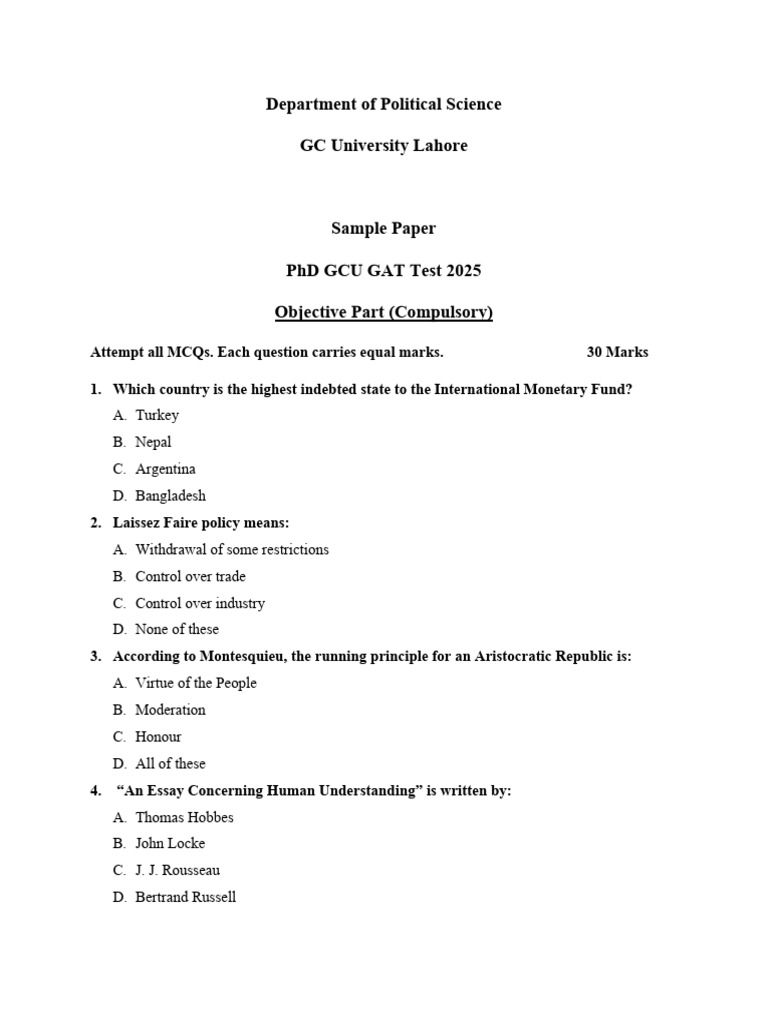 PhD GCU GAT Political Science Sample | PDF | Political Philosophy